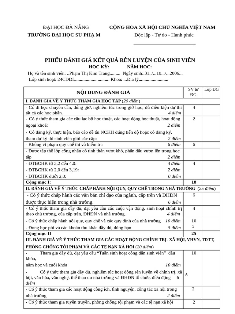 Phieu Danh Gia Ket Qua Diem Ren Luyen | PDF