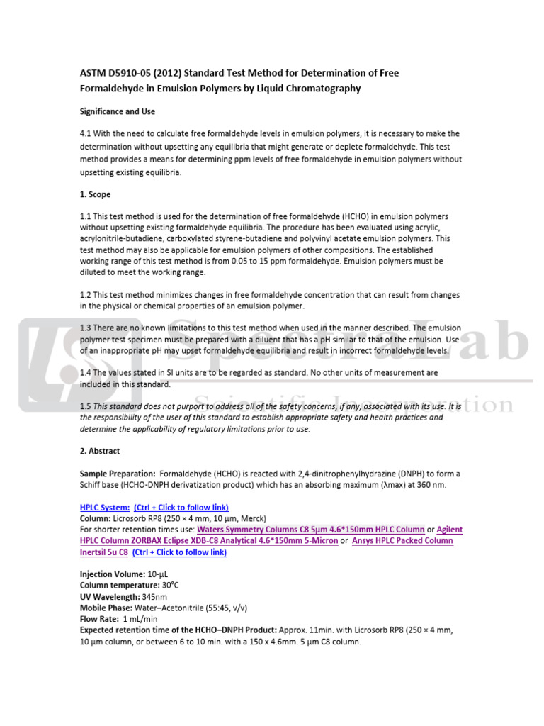 ASTM D5910-05 Determination of Free Formaldehyde in Cosmetics by HPLC ...