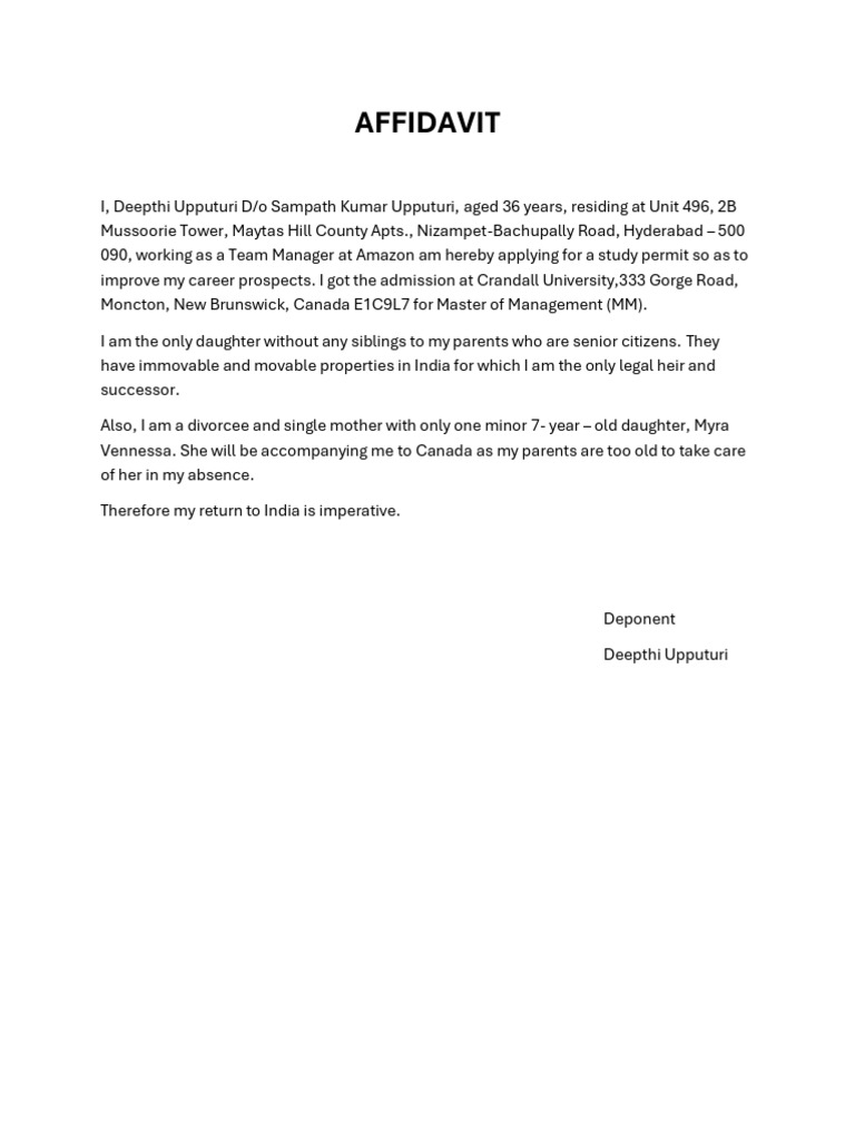 Affidavit for Study Permit Application | PDF