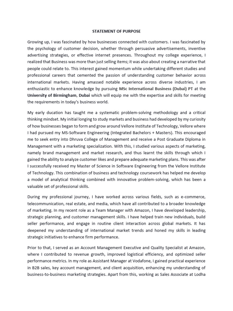 Personal Statement - MSC Intl Business - UoB - Deepthi Upputuri | PDF ...