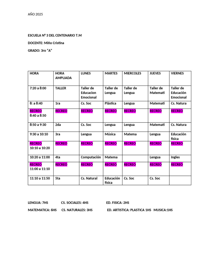 Nuevo Horario Clases 2025 3ro T.M | PDF