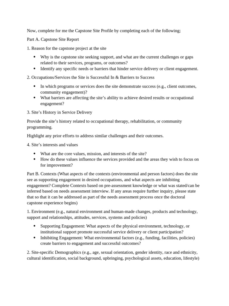 Capstone project instructions 2 | PDF | Occupational Therapy | Psychological Concepts