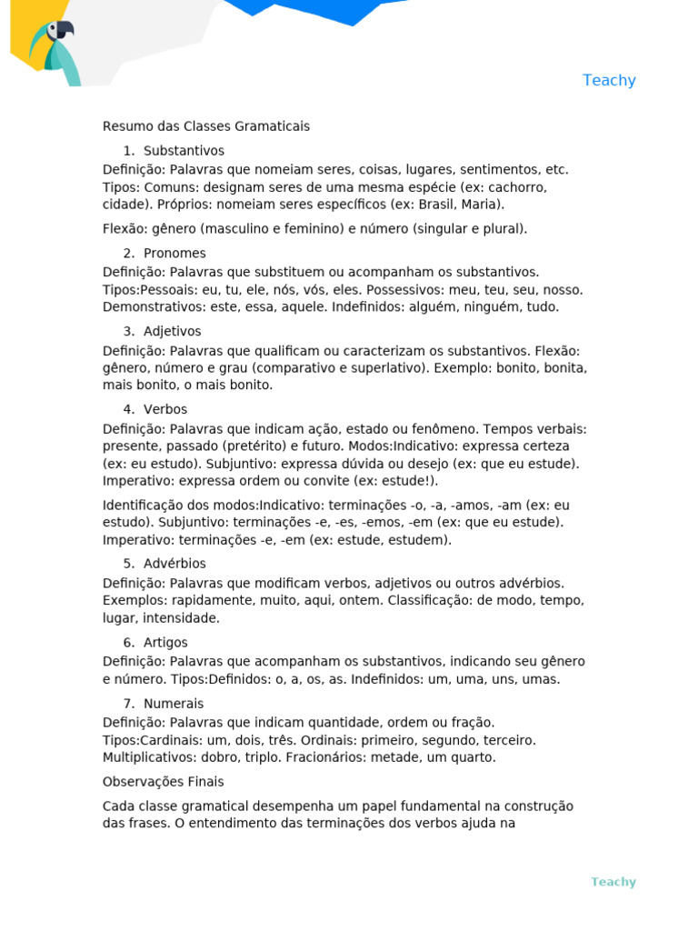 Resumo de Classes Gramaticais - para Imprimir | PDF