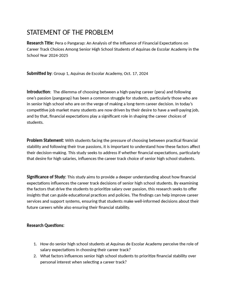Statement of The Problem: Research Title | PDF