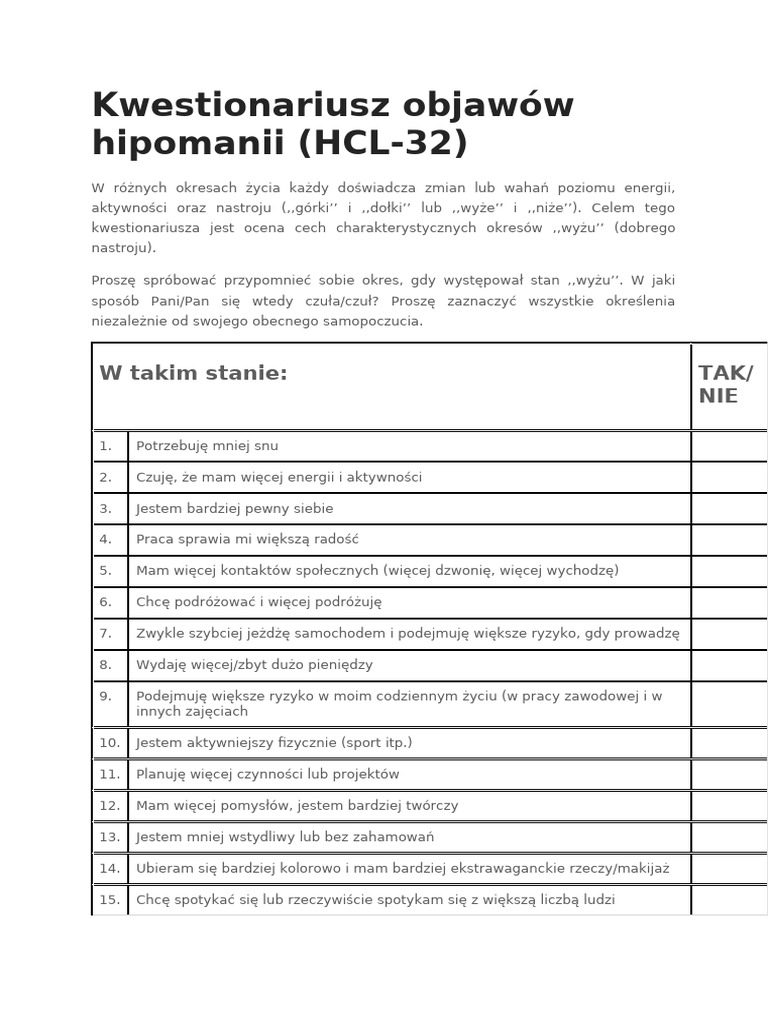 1 Kwestionariusz Objawów Hipomanii (HCL-32) | PDF