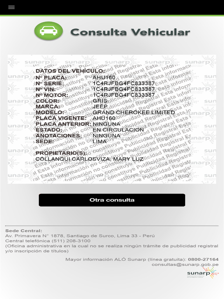 Consulta Vehicular - SUNARP 2 | PDF