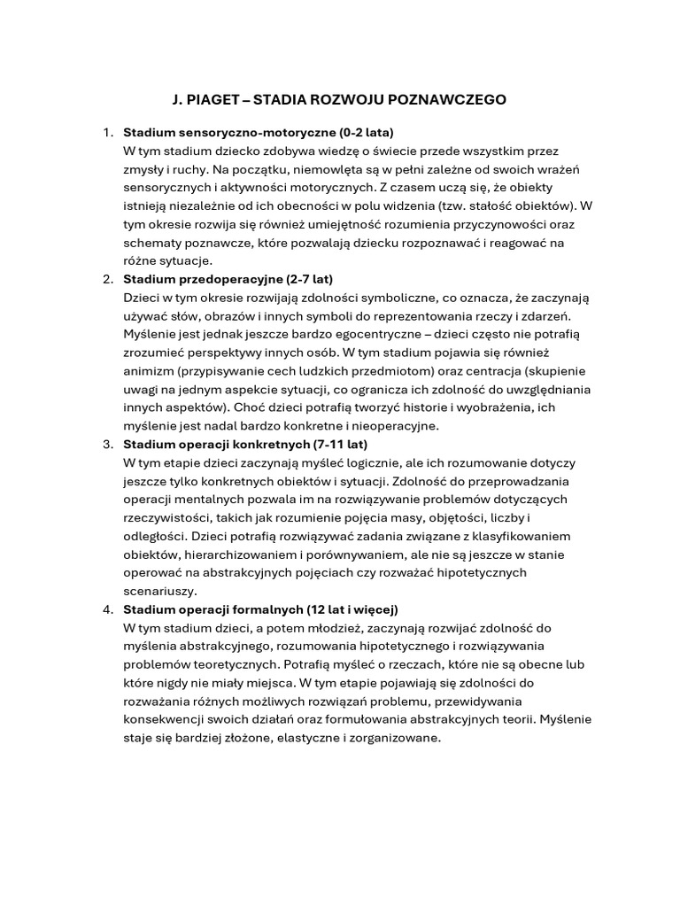 J. Piaget - Stadia Rozwoju Poznawczego | PDF