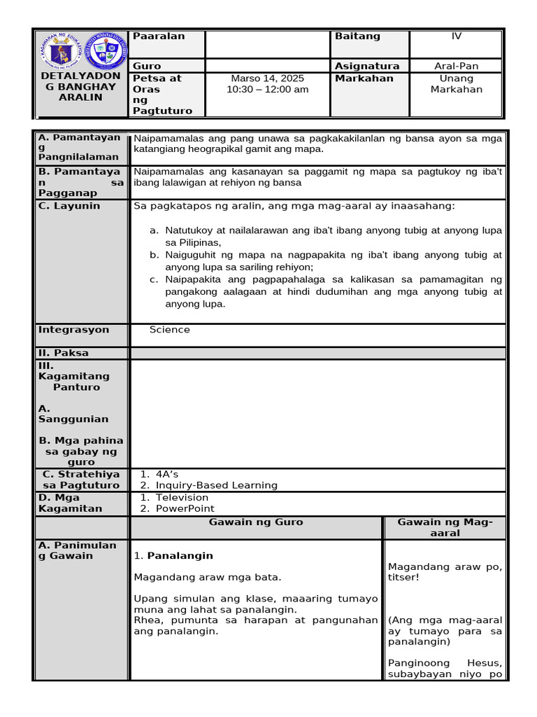 Detalyadong Banghay Aralin 4as | PDF