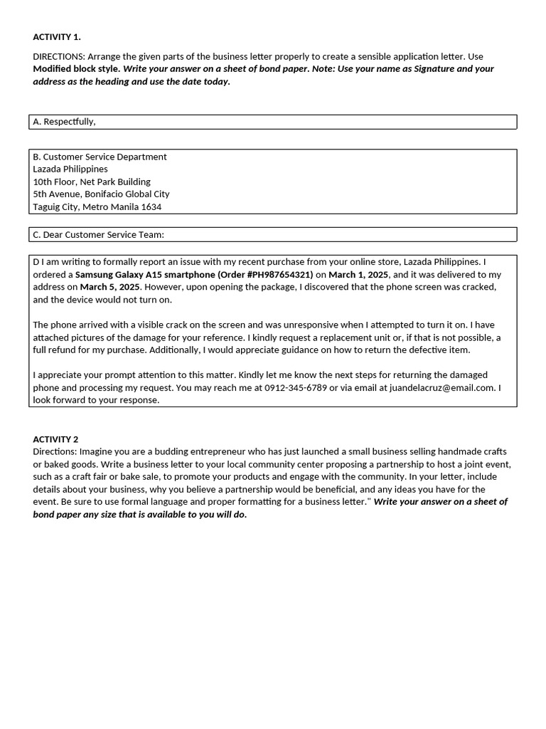 Business Letter Writing Activities | PDF