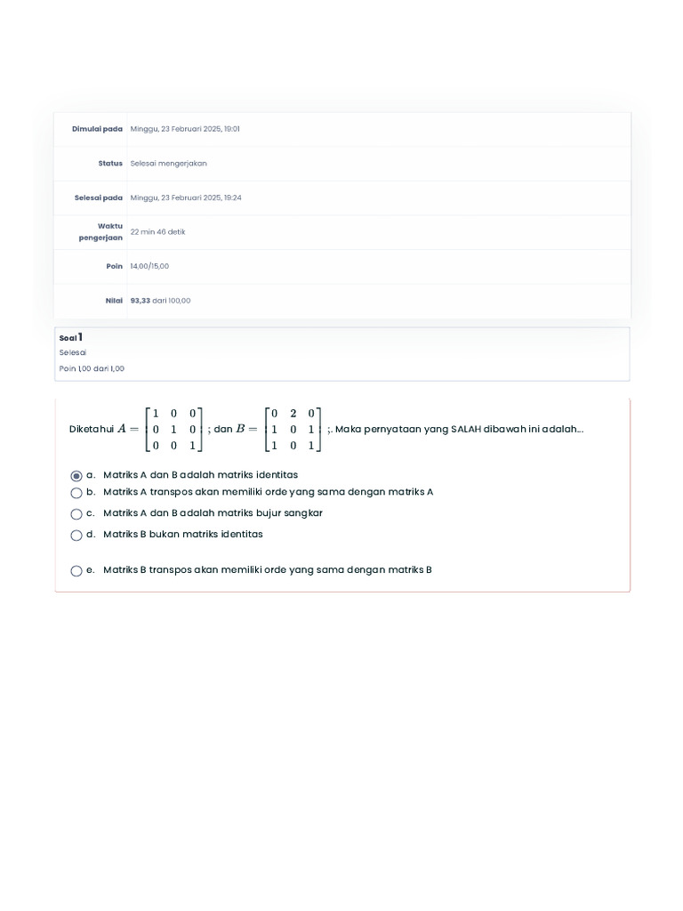(KUIS) 1. Matriks Dan Operasinya - Reviu Pengerjaan Kuis - CeLOE LMS | PDF