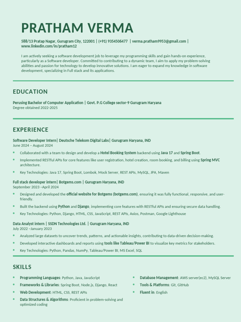 Software Developer Resume - Pratham Verma | PDF | Web Development | Computing