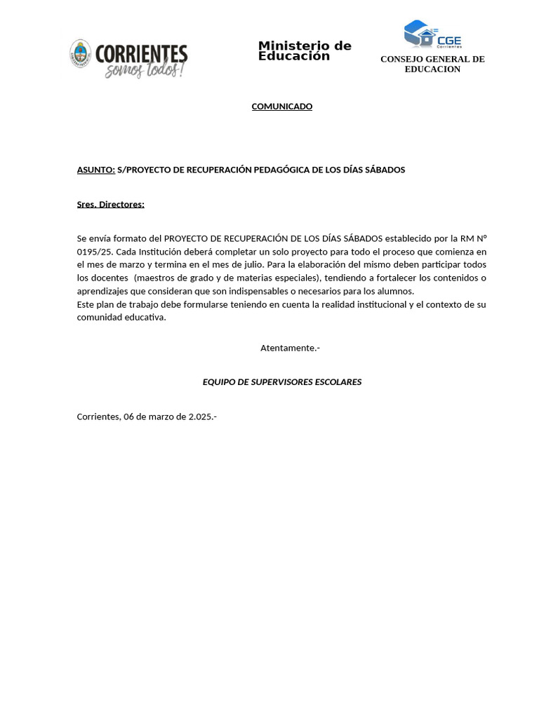 Comunicado Proyecto de Recuperación | PDF