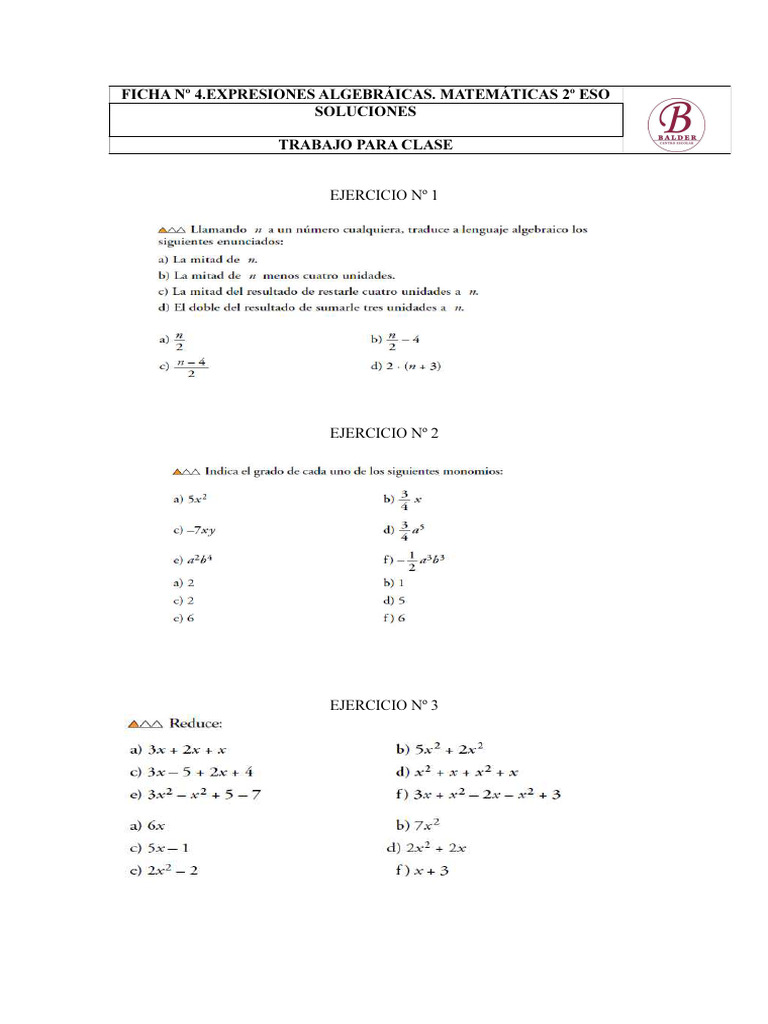Ficha N 4. Expresiones Algebraicas - Soluciones | PDF