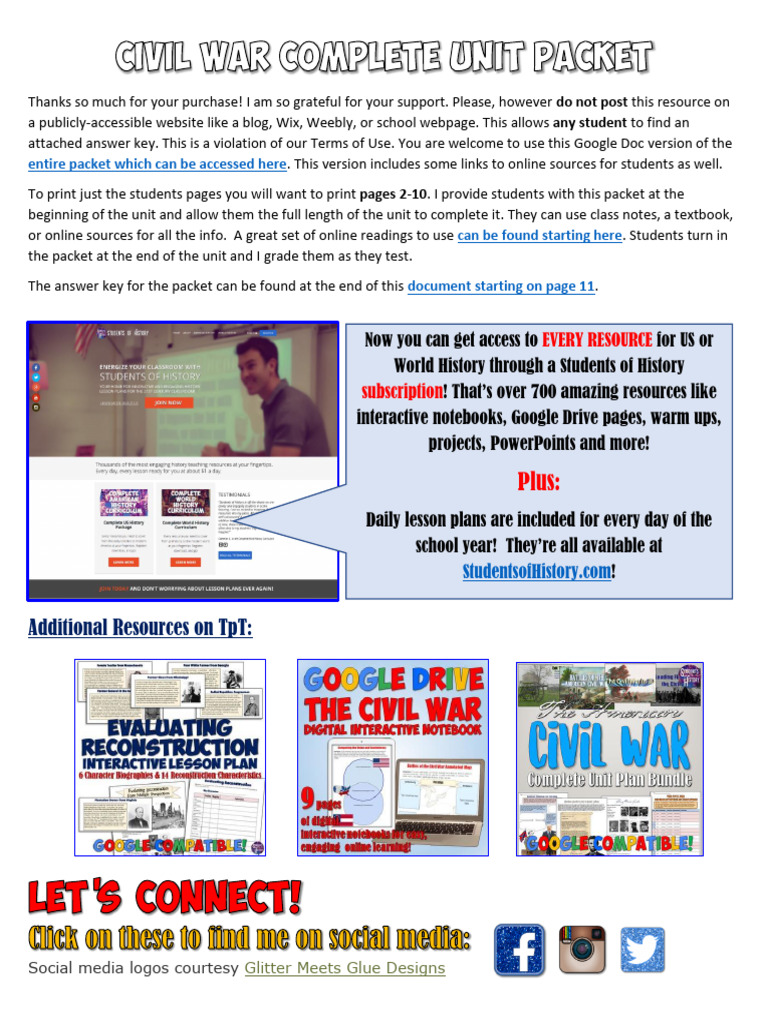 00 - Civil War Unit Study Guide Packet | PDF | Confederate States Of ...