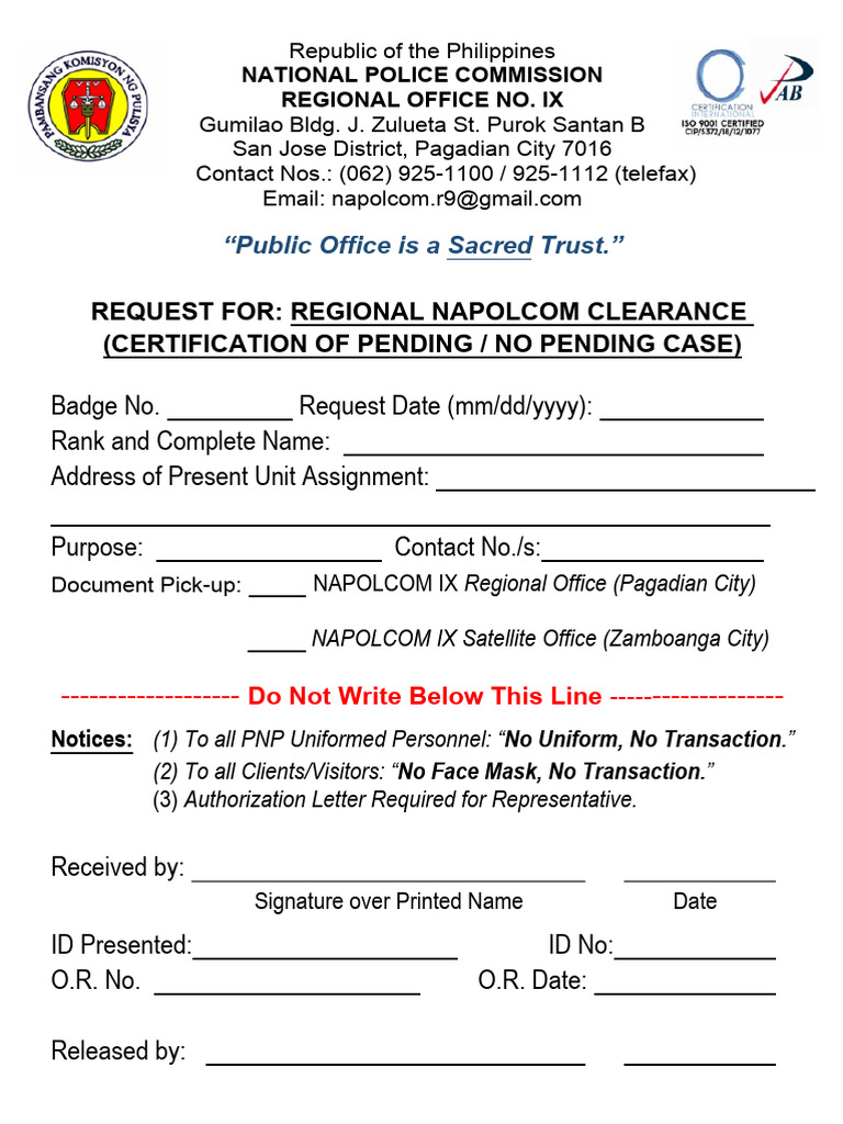NAPOLCOM Clearance Request Form | PDF