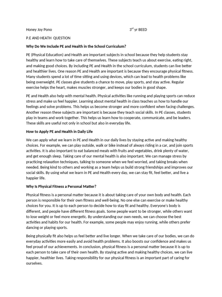 Pe and Heath Question and Answer | PDF | Physical Fitness | Flexibility ...