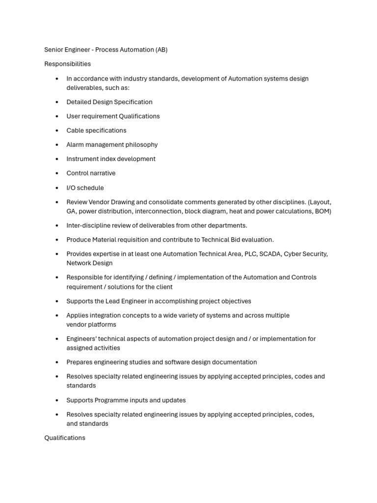 Senior Engineer - Process Automation Role | PDF | Programmable Logic ...