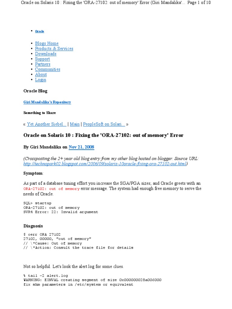 Oracle On Solaris 10 Fixing The ORA-27102 Out of Memory' Error | PDF | Oracle Database | Oracle ...