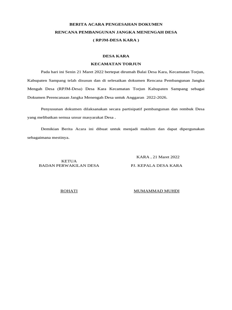 Pengesahan RPJM Desa Kara 2022-2026 | PDF