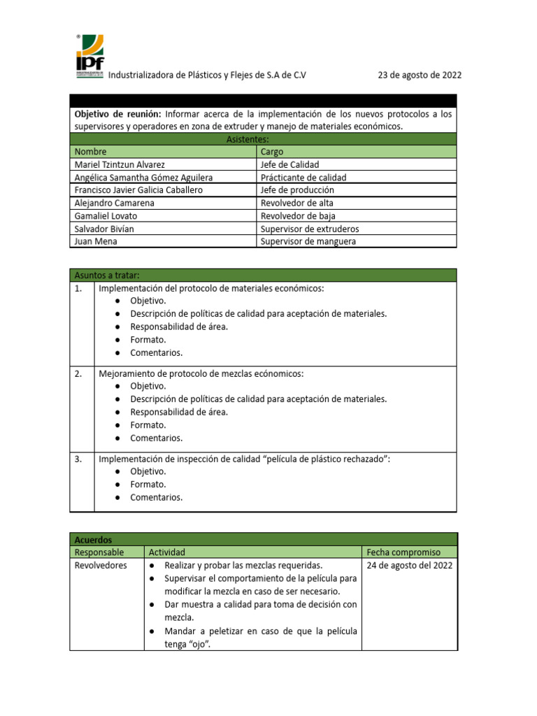 Minuta Protocolos de Calidad-Agosto 2022 | PDF