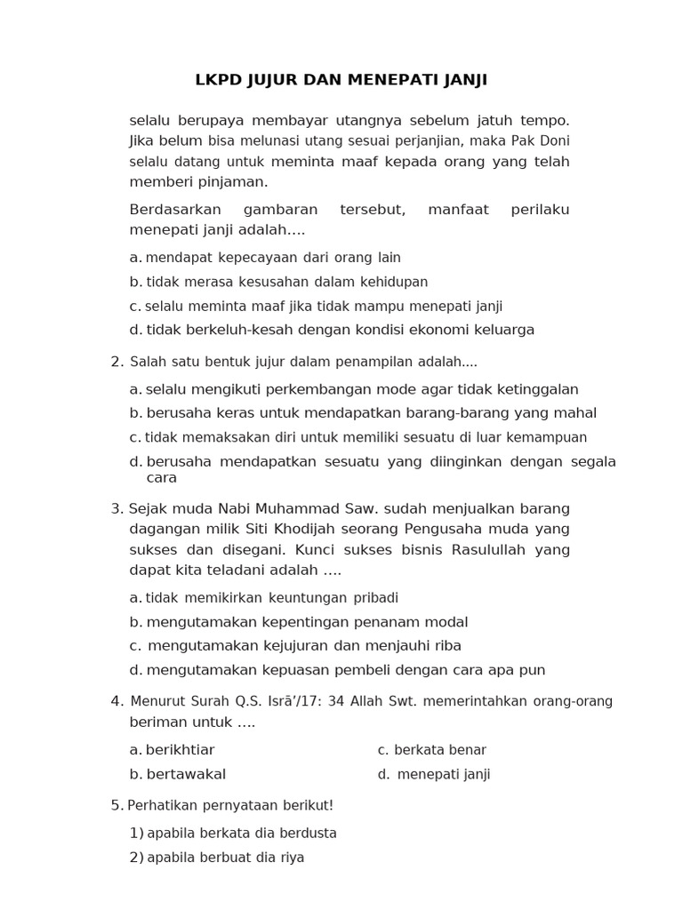 LKPD Jujur Dan Menepati Janji | PDF