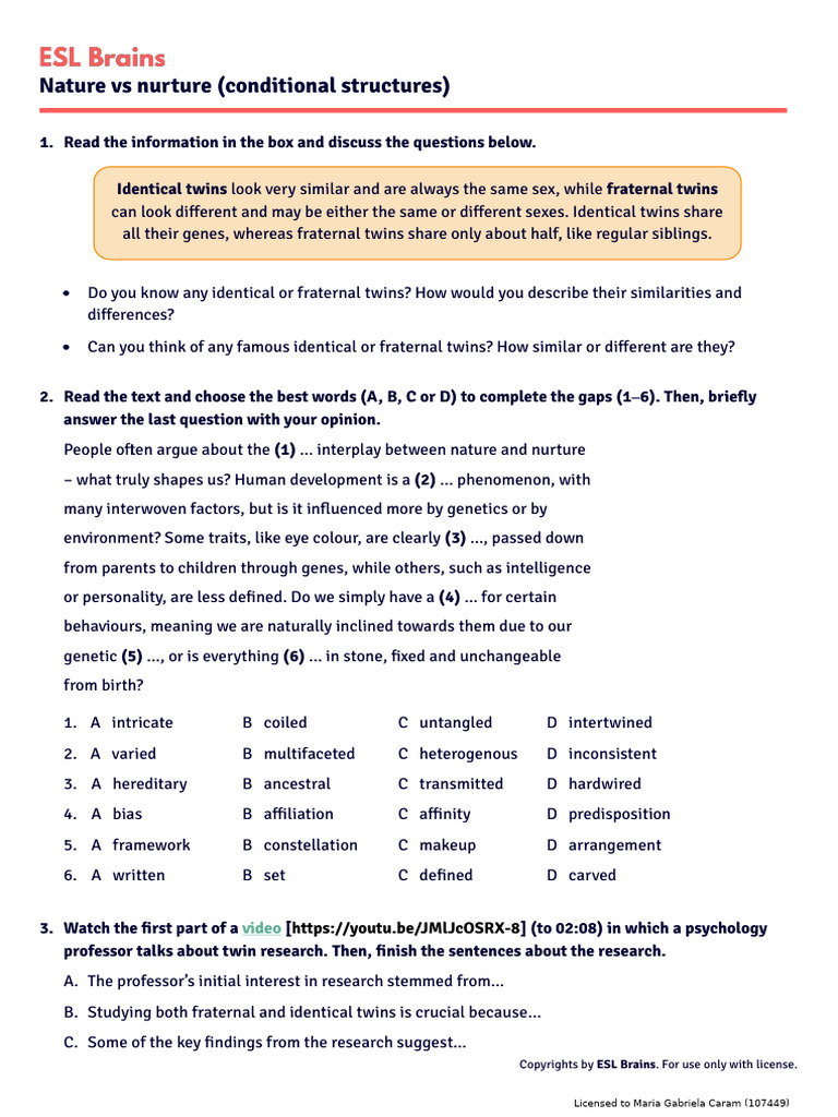 ESL Brains Nature Vs Nurture Conditional Structures SV 4696 | PDF | Nature Versus Nurture | Twin