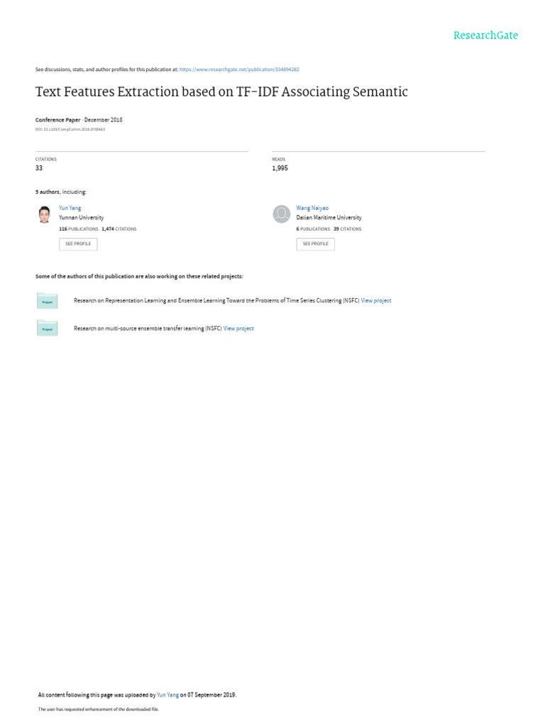 Text Features Extraction Based On TF-IDF Associating Semantic | PDF | Machine Learning