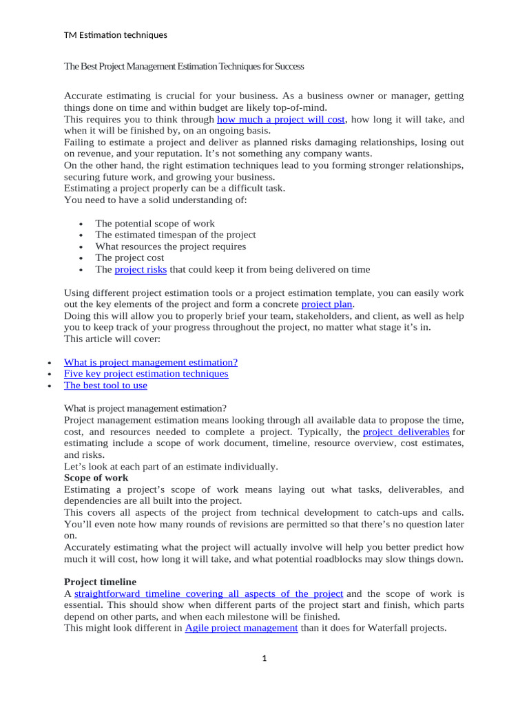 Project Estimation Techniques | PDF | Project Management