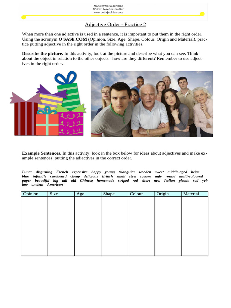 Adjective Order Practice Activities | PDF