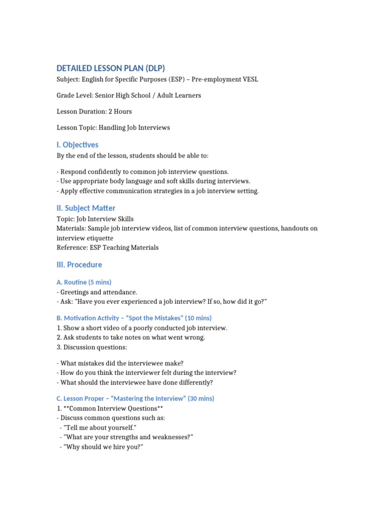Job Interview Skills Lesson Plan | PDF | Job Interview | Interview