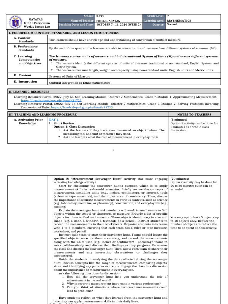 DLL Matatag - Mathematics 7 Q2 W2 | PDF | Measurement | Gallon
