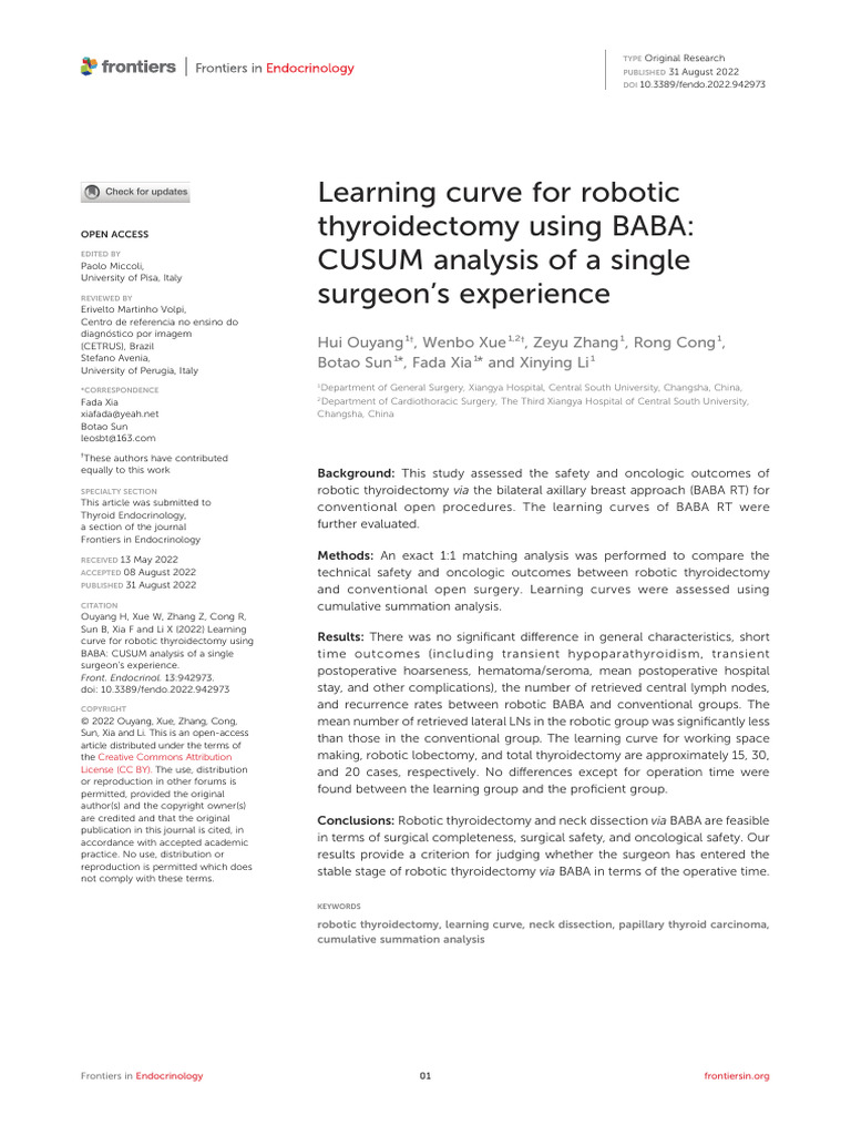 Learning Curve For Robotic Thyroidectomy Using BABA - CUSUM Analysis of A Single Surgeon&rsquo S ...