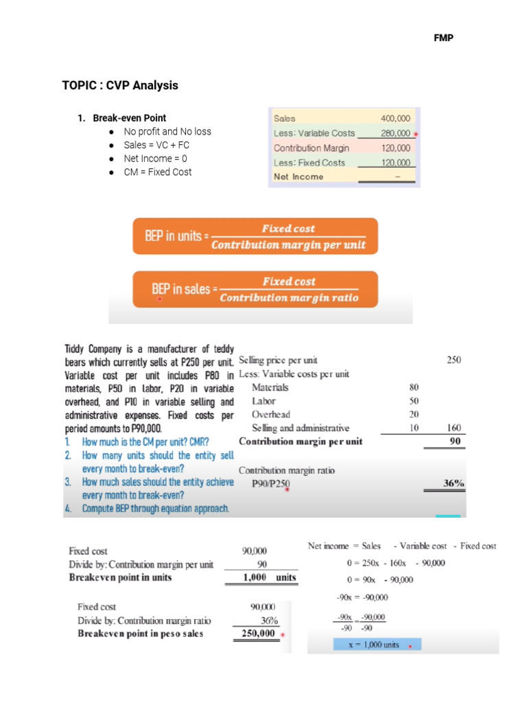 TOPIC - CVP Analysis (BEP, Target Income, MOS, Sales Mix, Operating Leverage) | PDF