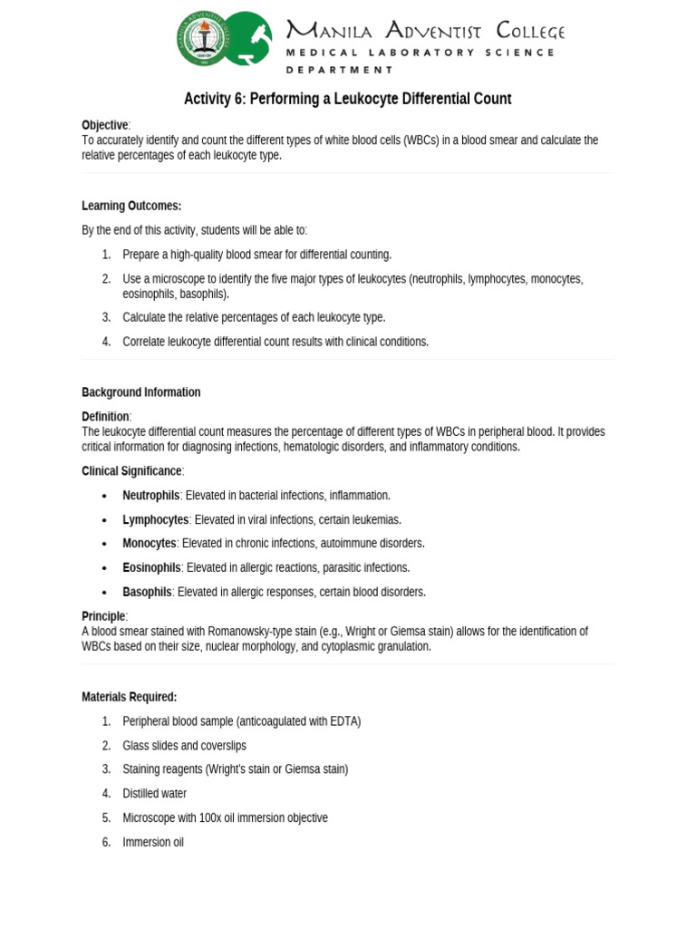 Activity 6 - Leukocyte Diff Count | PDF | White Blood Cell | Histology