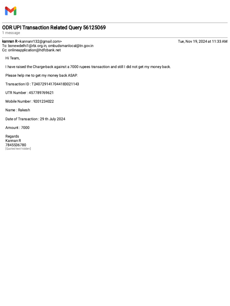 Gmail - ODR UPI Transaction Related Query 56125069 | PDF