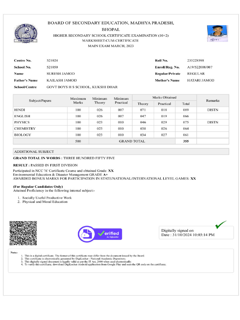 Class 12th Marksheet | PDF