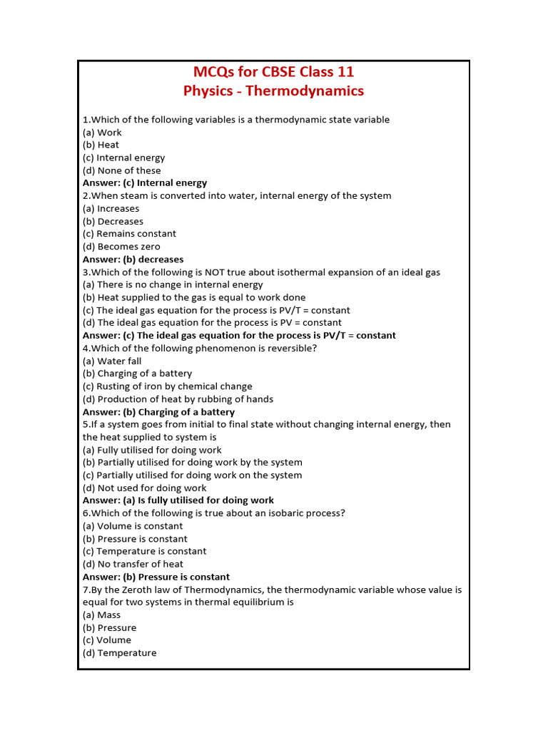 Mcqs For Cbse Class 11 Physics Thermodynamics | PDF | Temperature | Gases