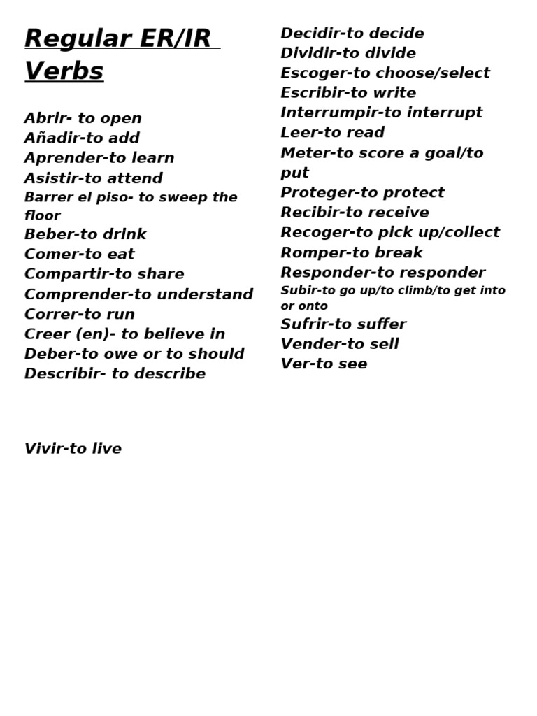 Regular ER IR VERB List | PDF