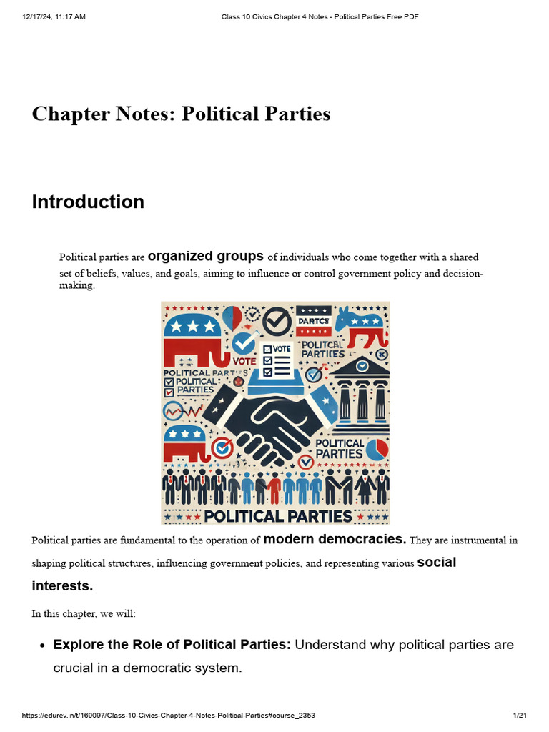 Class 10 Civics Chapter 4 Notes - Political Parties Free PDF | PDF ...