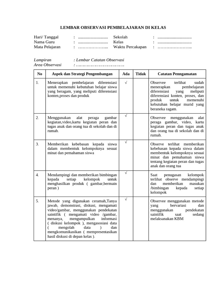 3. Contoh Lembar Observasi Pembelajaran di Kelas | PDF