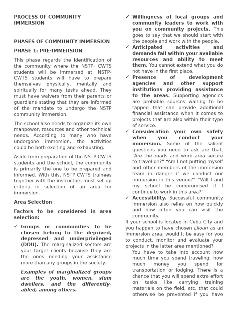 Community Immersion Process Guide | PDF | Evaluation | Community