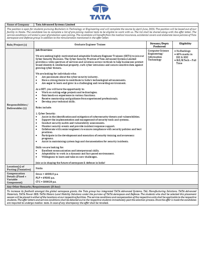 GET JD 24-25 Cyber Tata Adv Systems | PDF | Computer Security | Security