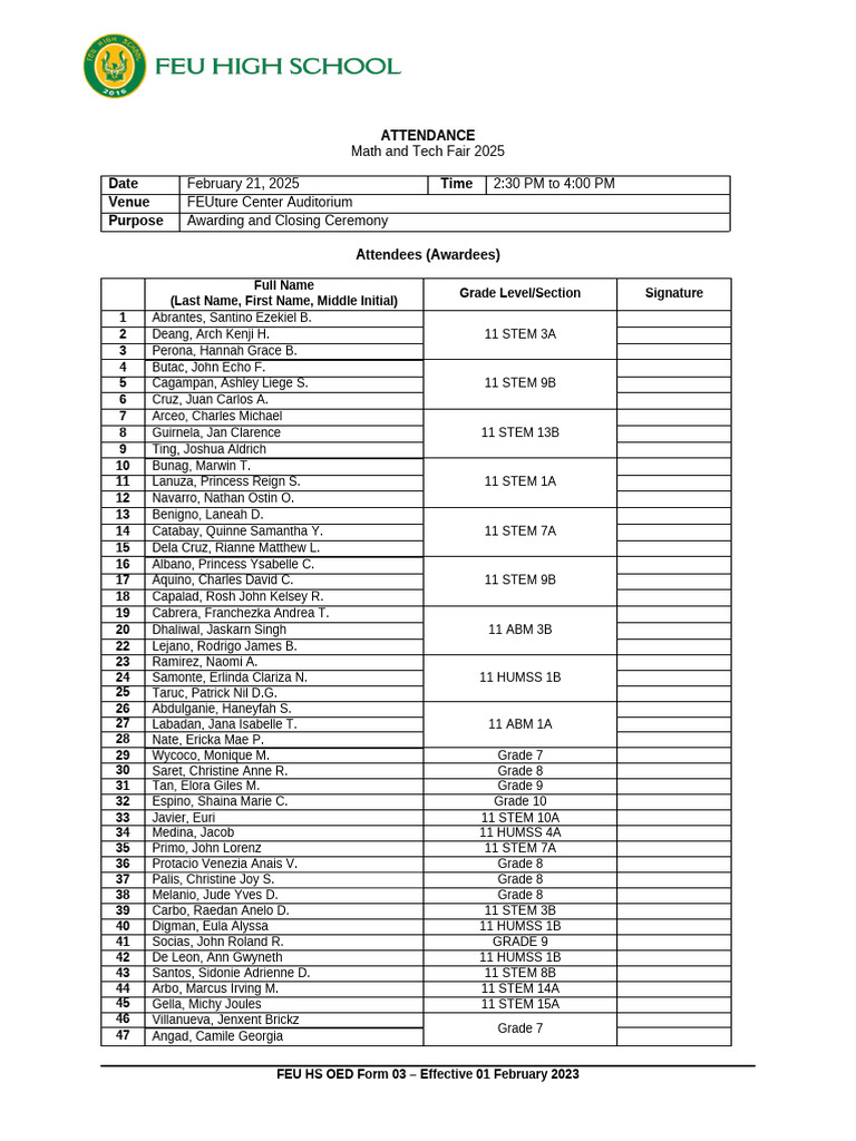 Awarding and Closing Ceremony Attendance (Awardees Registration) | PDF