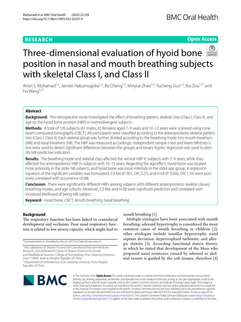 Three-Dimensional Evaluation of Hyoid Bone Position in Nasal and Mouth ...