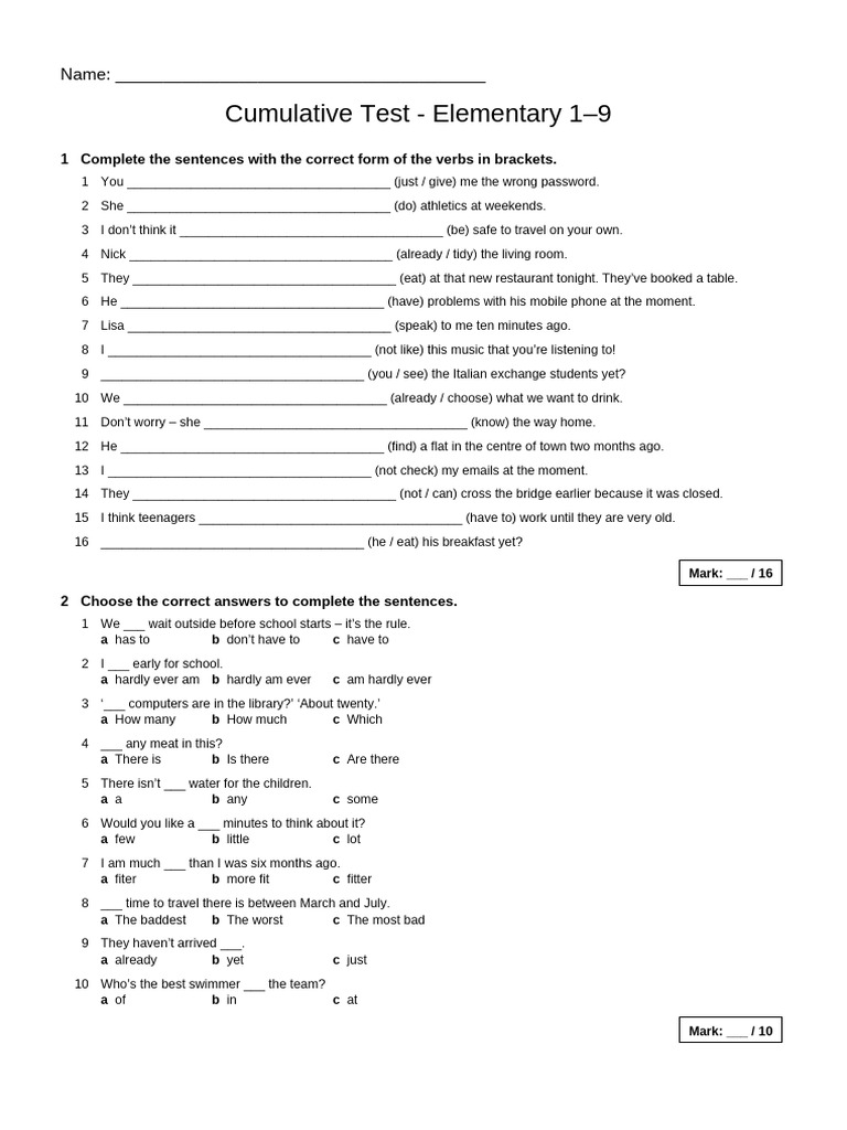 Cumulative Test for Elementary Students | PDF