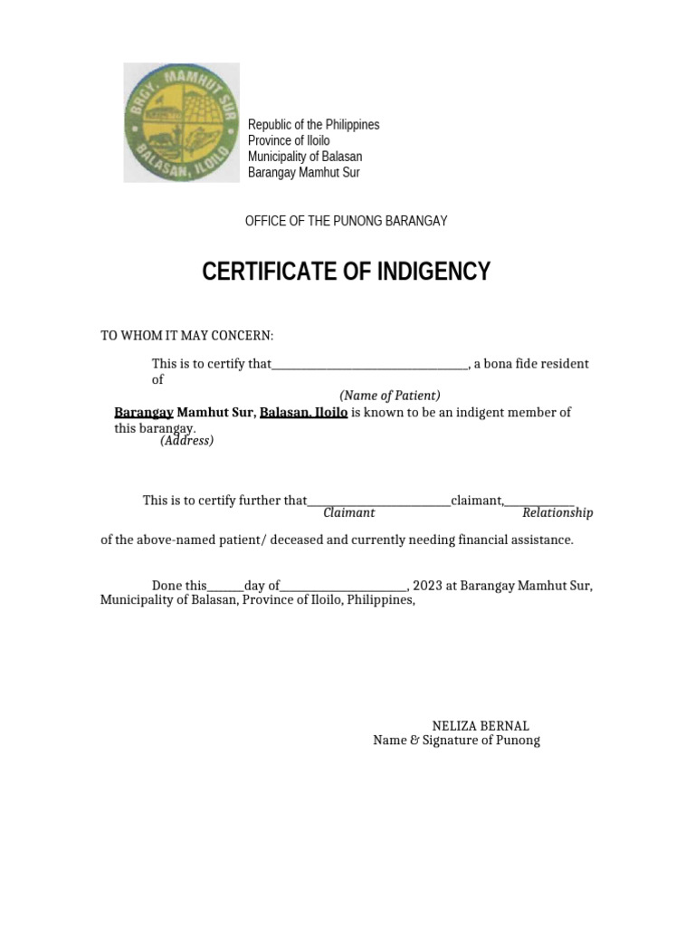 Certificate of Indigency Template | PDF