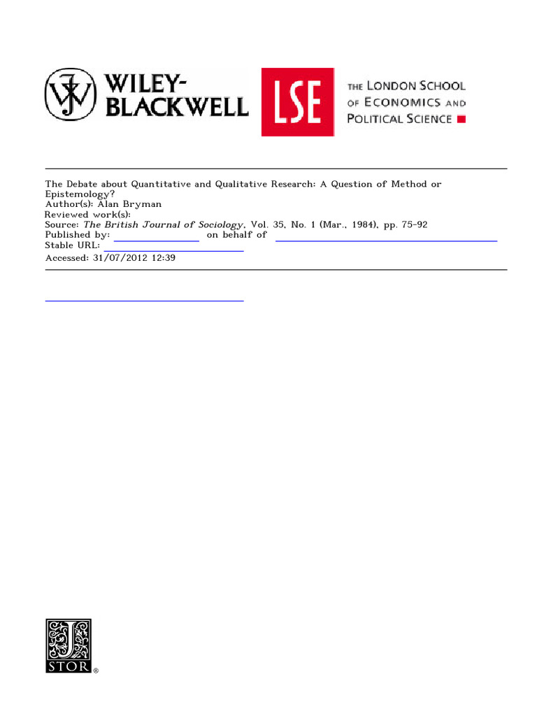 Bryman The Debate About Quantitative and Qualitative Research 1984 BJS ...