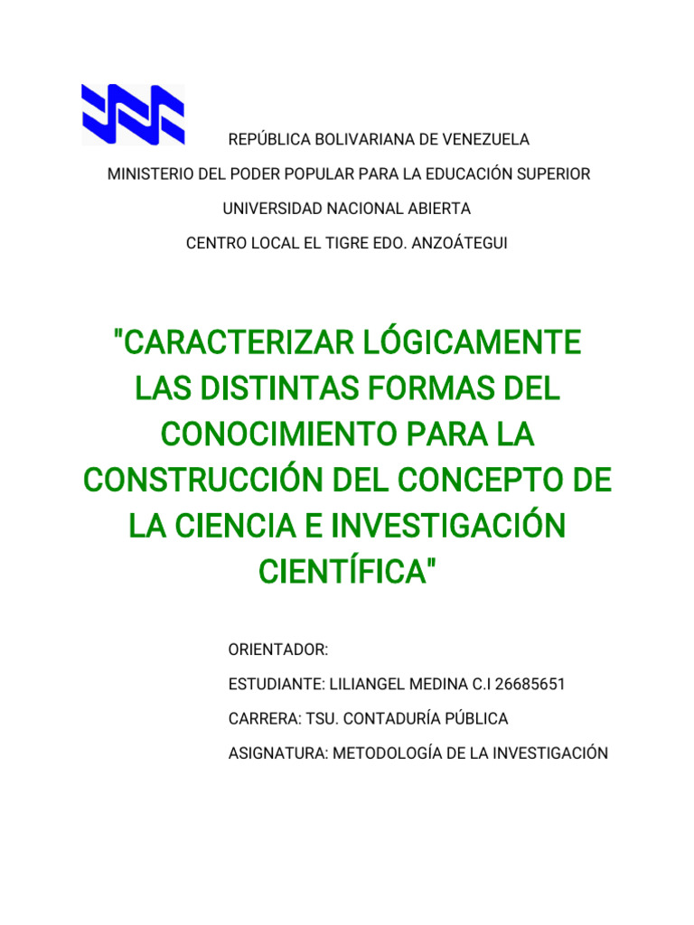 Caracterizar Lógicamente Las Distintas Formas Del Conocimiento para La Construcción Del Concepto ...