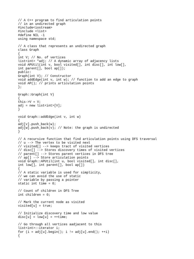 C++ Program to Find Articulation Points | PDF | Discrete Mathematics ...