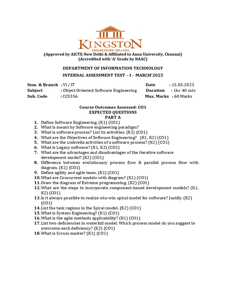 UNIT-1 IAT1 OOSE Expected Questions | PDF | Agile Software Development | Software Development ...